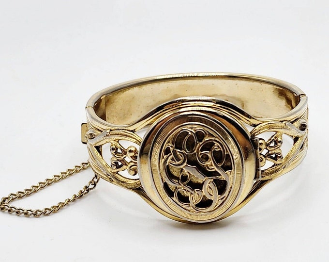 Vintage Locket Cuff Hinged Safety Chain Gold Filled Filigree Bracelet 6 ...
