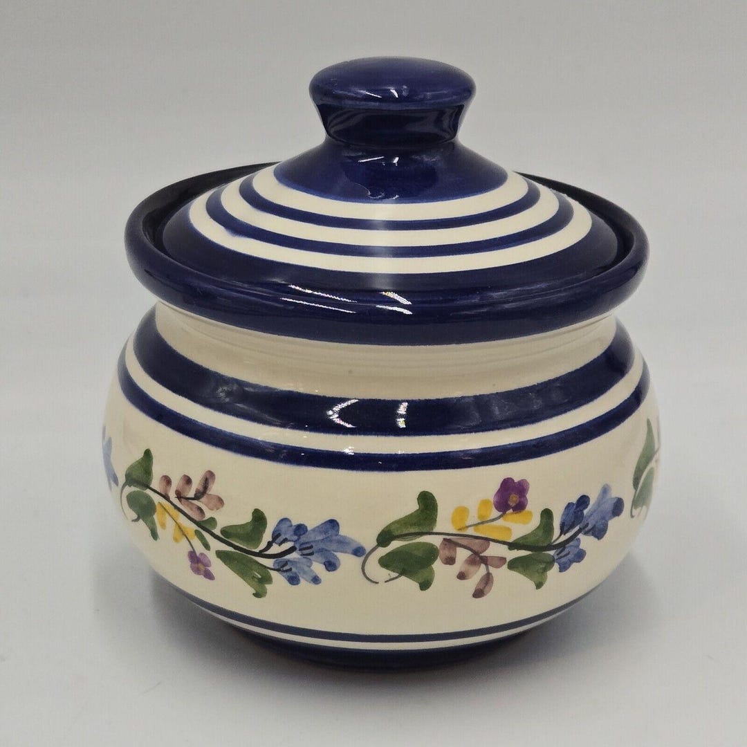Vintage Handmade Handpainted Pottery Bowl Blue Floral With Lid Made in ...