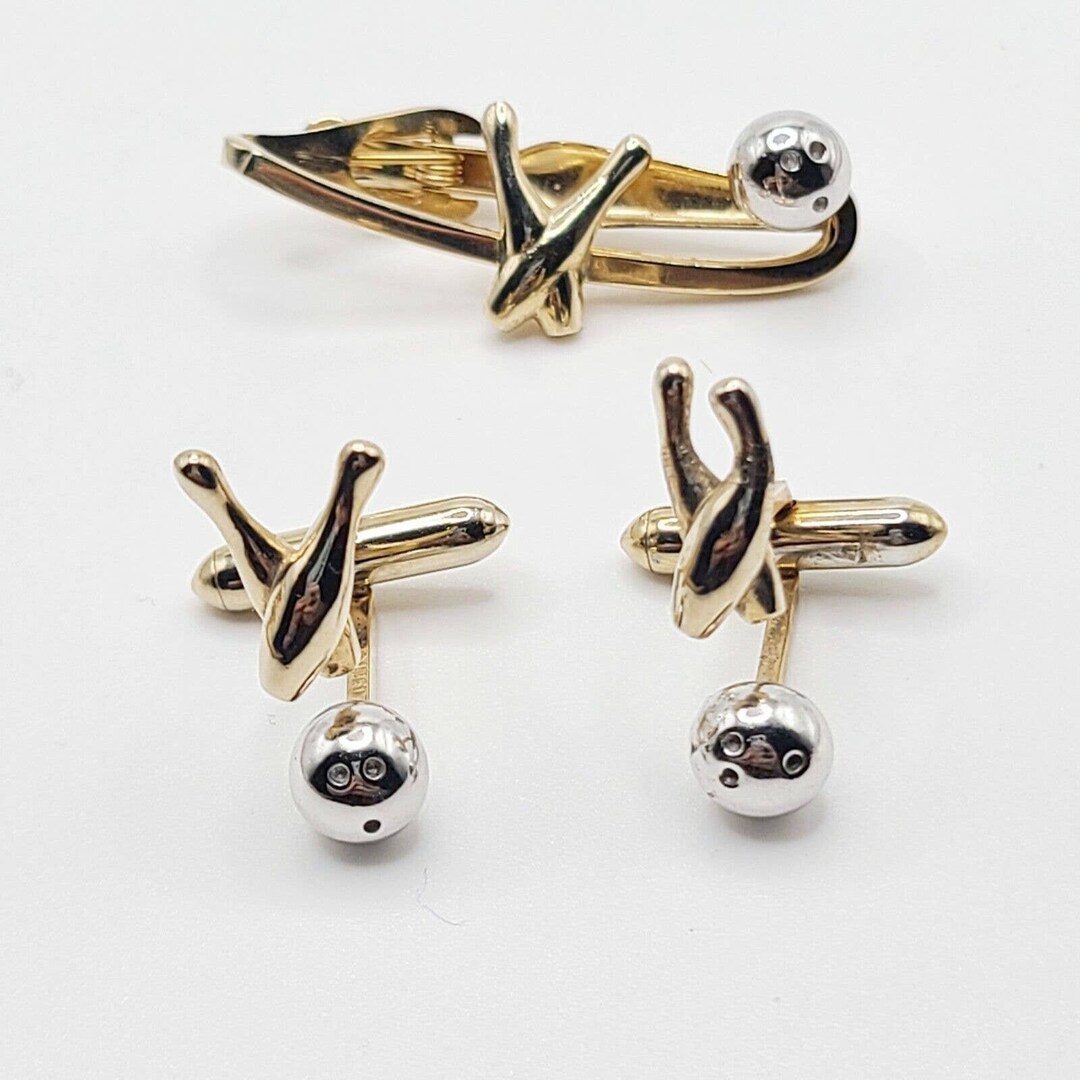 Vintage Swank Bowling Ball Cufflinks & Tie Clip Set Gift Bowler Silver ...