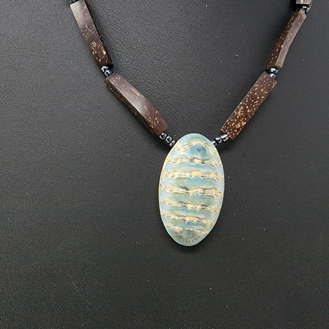 Vintage Ethnic Coconut Shell Blue Fossil Shape Brown Necklace 17 ...