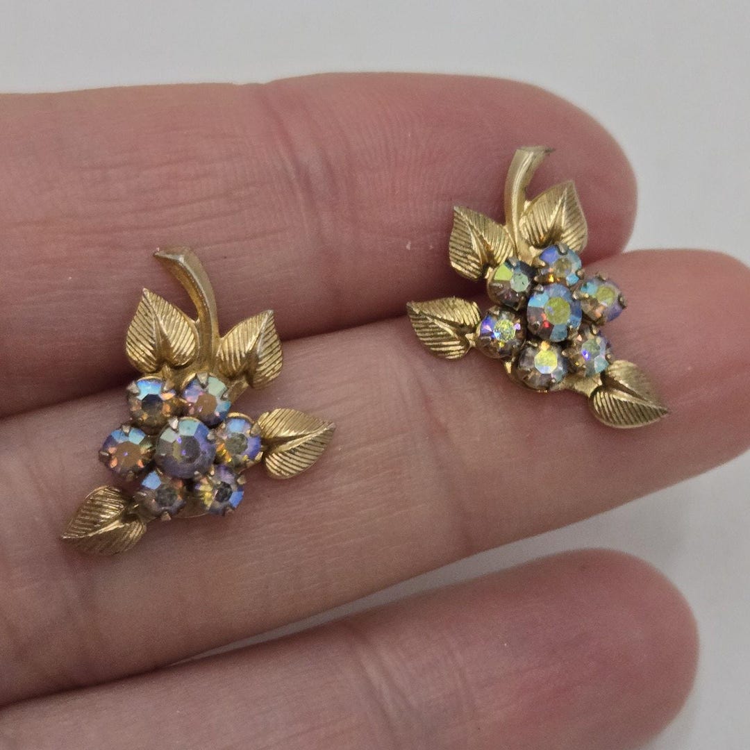 Vintage Rare AB Rhinestones Flower Threaded Screw Post Earring Pierced ...