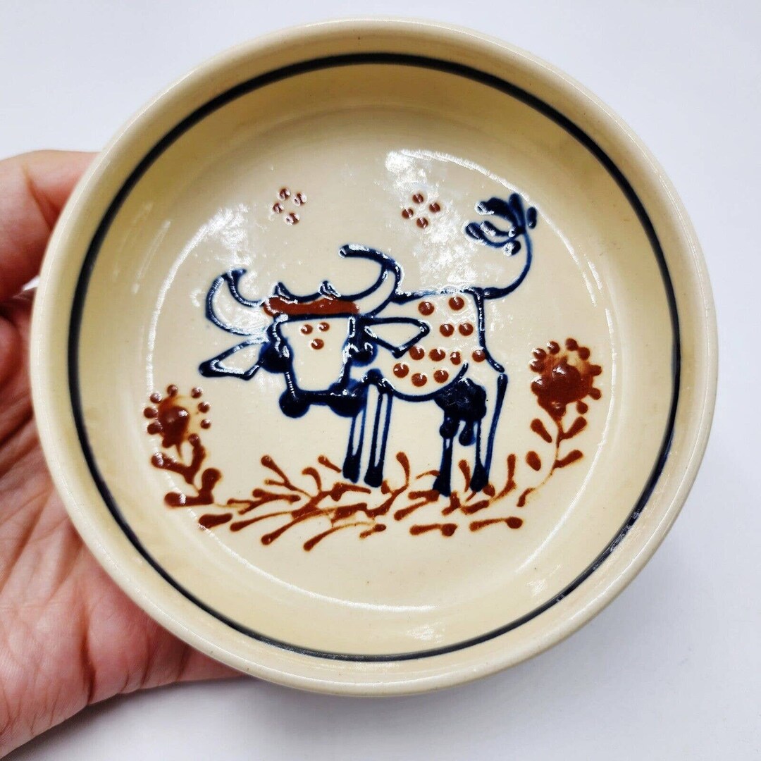 Vintage Swiss Folk Art Pottery Hand Painted Applied Art Bowl Cow Small ...