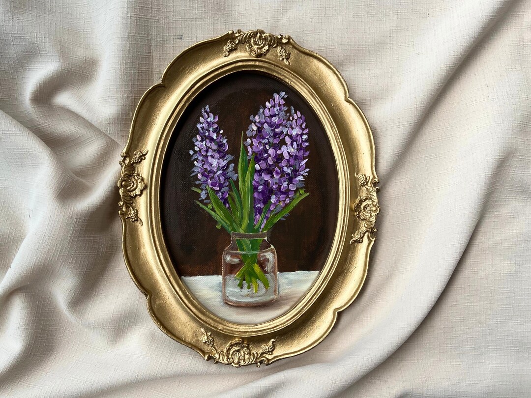 Framed Purple Hyacinth Oil Painting, Small Antique Style Oval Art ...