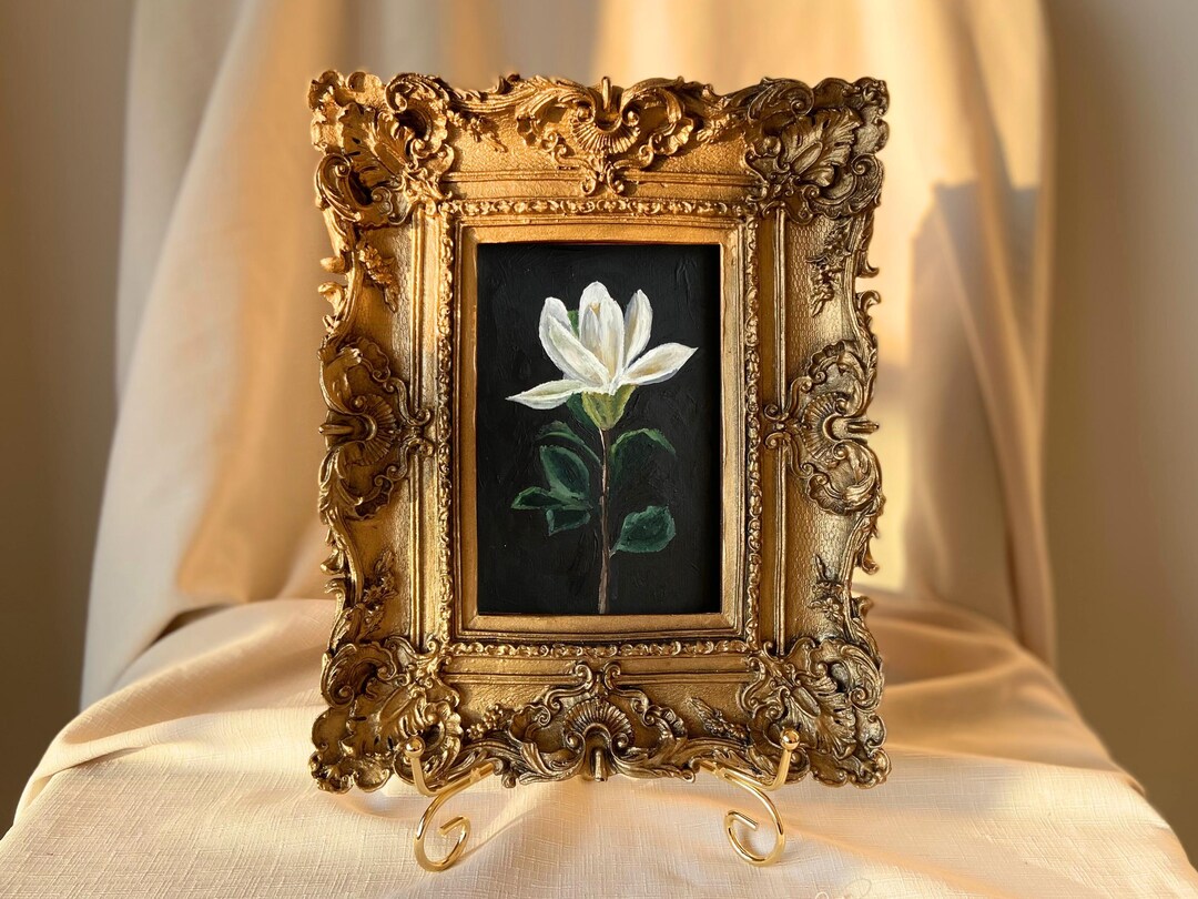 White Magnolia Still Life Oil Painting: Vintage Framed Wall Art ...