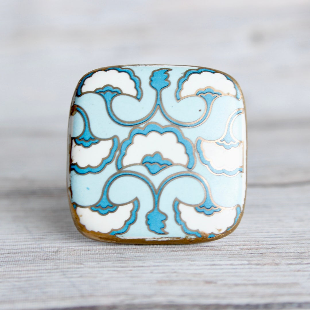 Square Ceramic Drawer Knob Ginko Leaf Cabinet Knobs Blue and Gold ...
