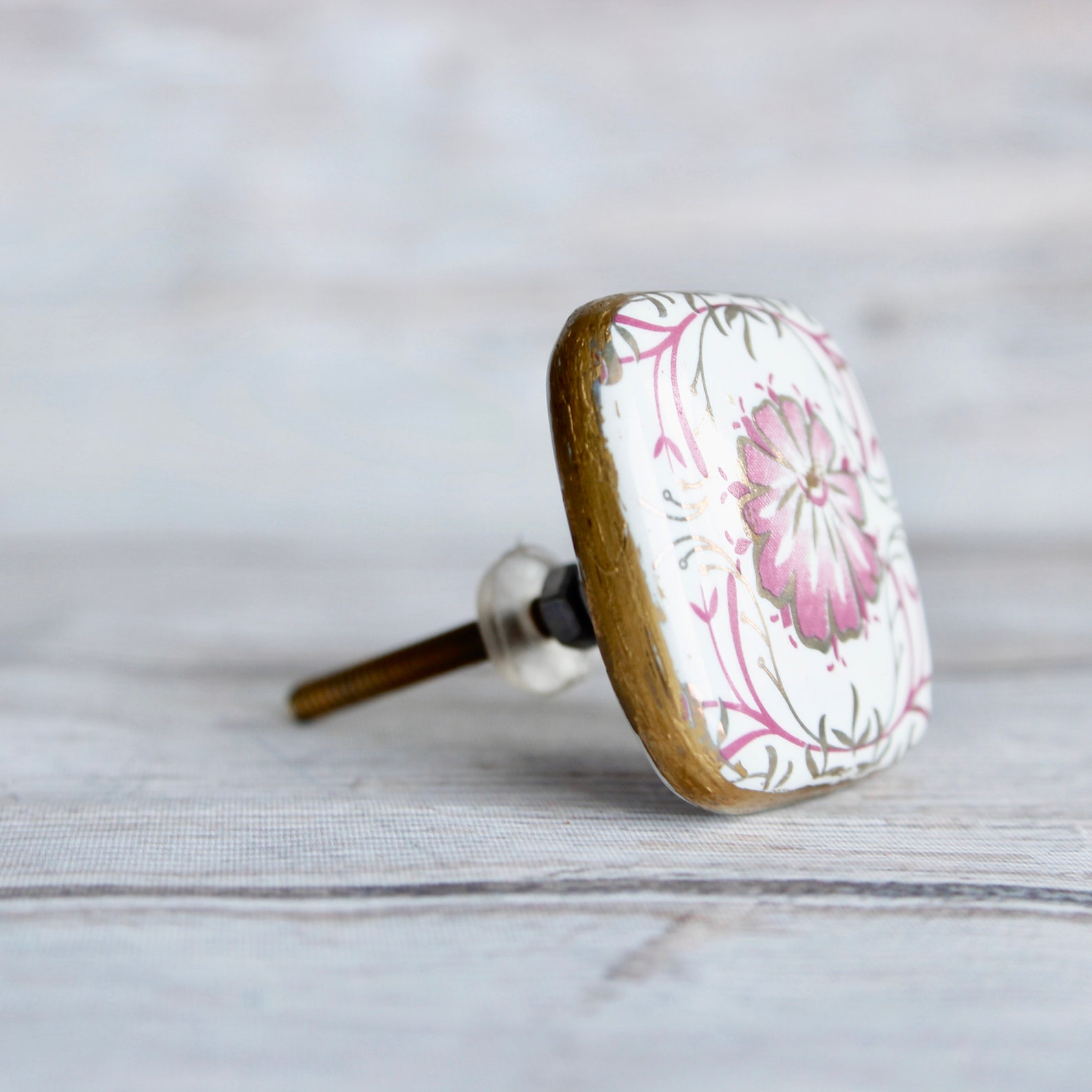 Square Cabinet Knob With Pink Flower Pattern Ceramic Drawer | Etsy