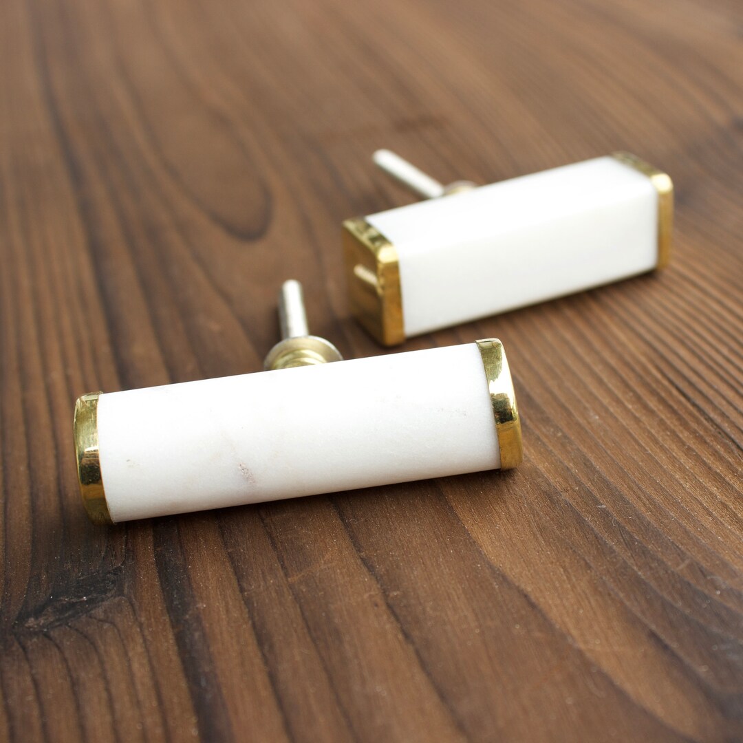 Marble Drawer Knobs in White With Gold Modern Stone Knobs With Brass ...