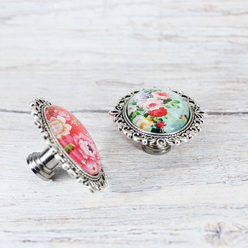 Flower Drawer Knobs in Red or Mint Green in Silver Oval - Etsy