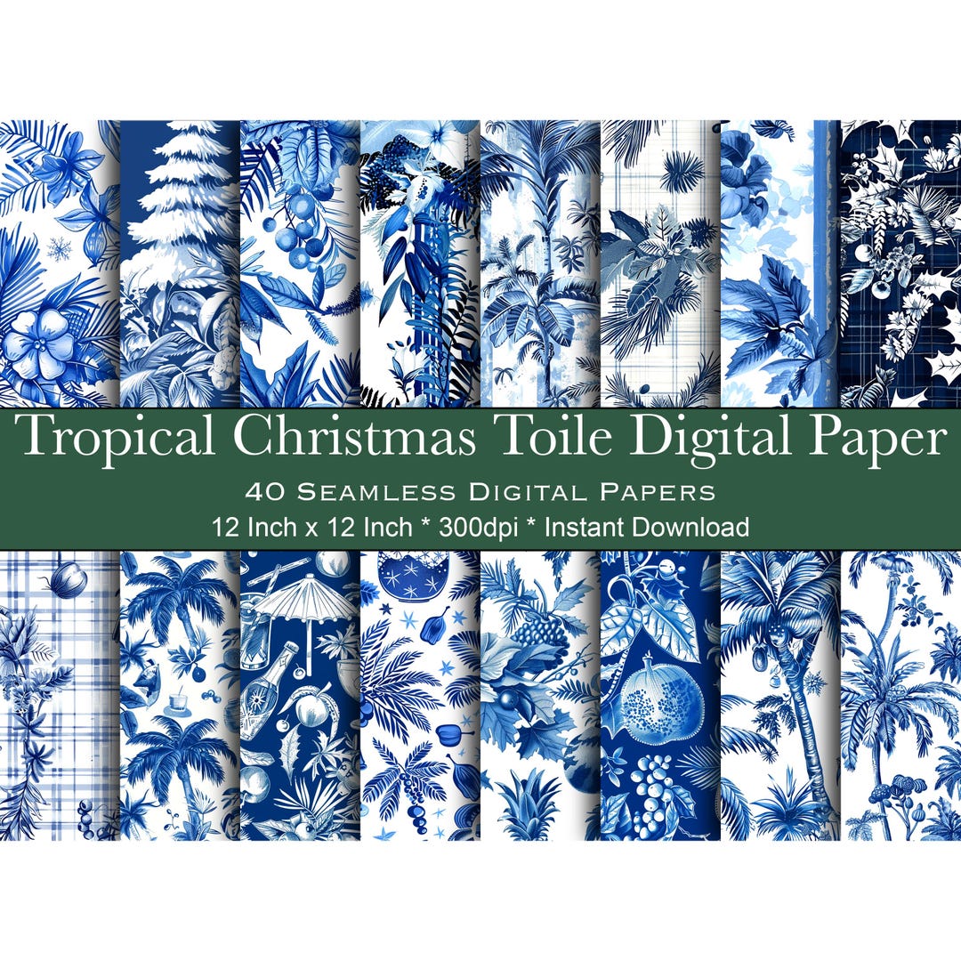 Blue Tropical Christmas Toile Digital Paper, Seamless Holiday Patterns ...