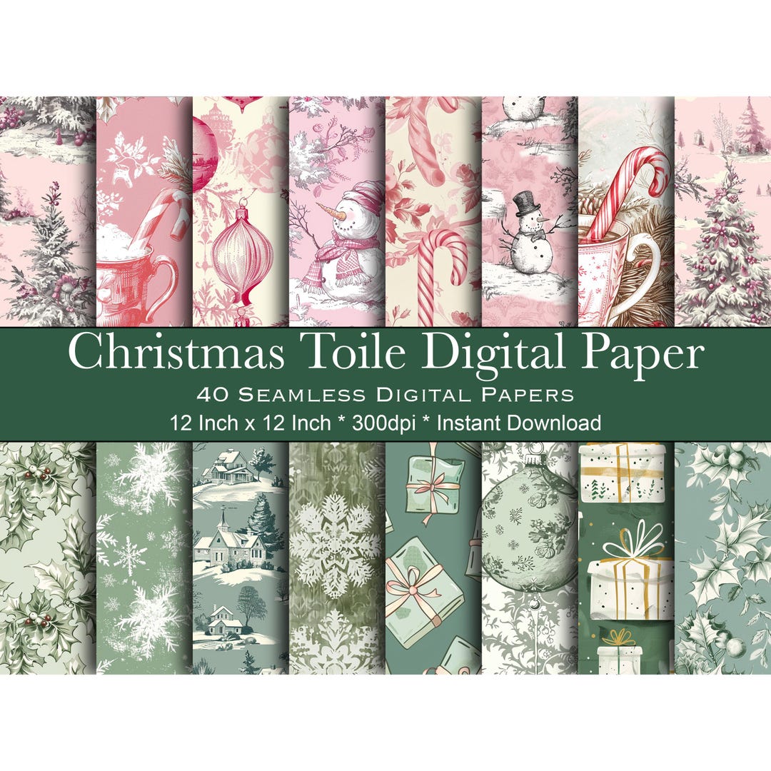 Sage & Pink Christmas Toile Digital Paper, Shabby Chic Christmas Toile ...