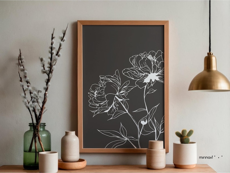 Peony Line Art Printable, Modern Minimalist Floral Wall Art, Botanical ...