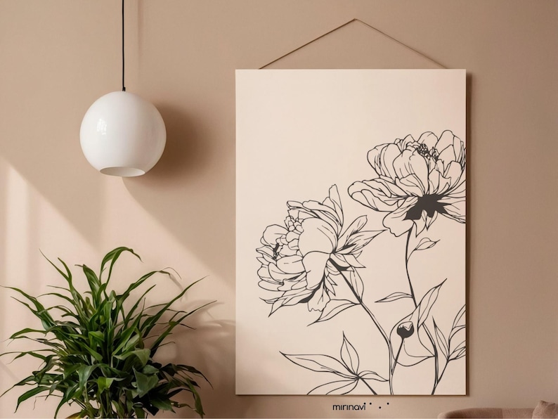 Peony Line Art Printable, Modern Minimalist Floral Wall Art, Botanical ...