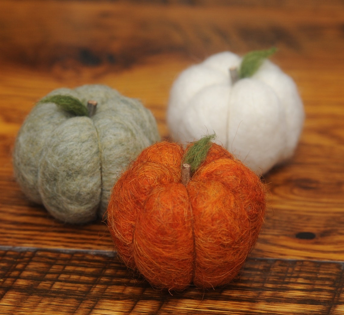 Felted Wool Pumpkins in Orange, Sage Green & White Set of 3, Pick Your ...
