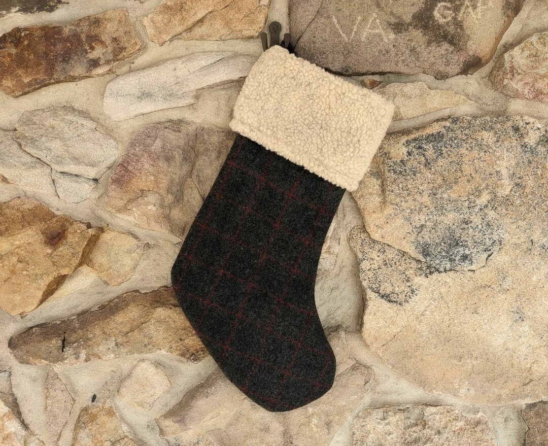 Charcoal Gray With Red and Green Plaid Christmas Stocking, Personalized ...