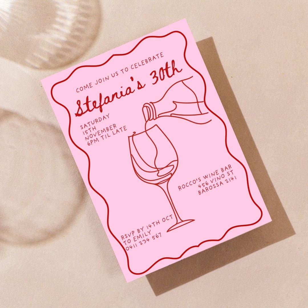 Editable Pink & Red Wine Themed Birthday Invitation- Modern Editable Invitation Template ...