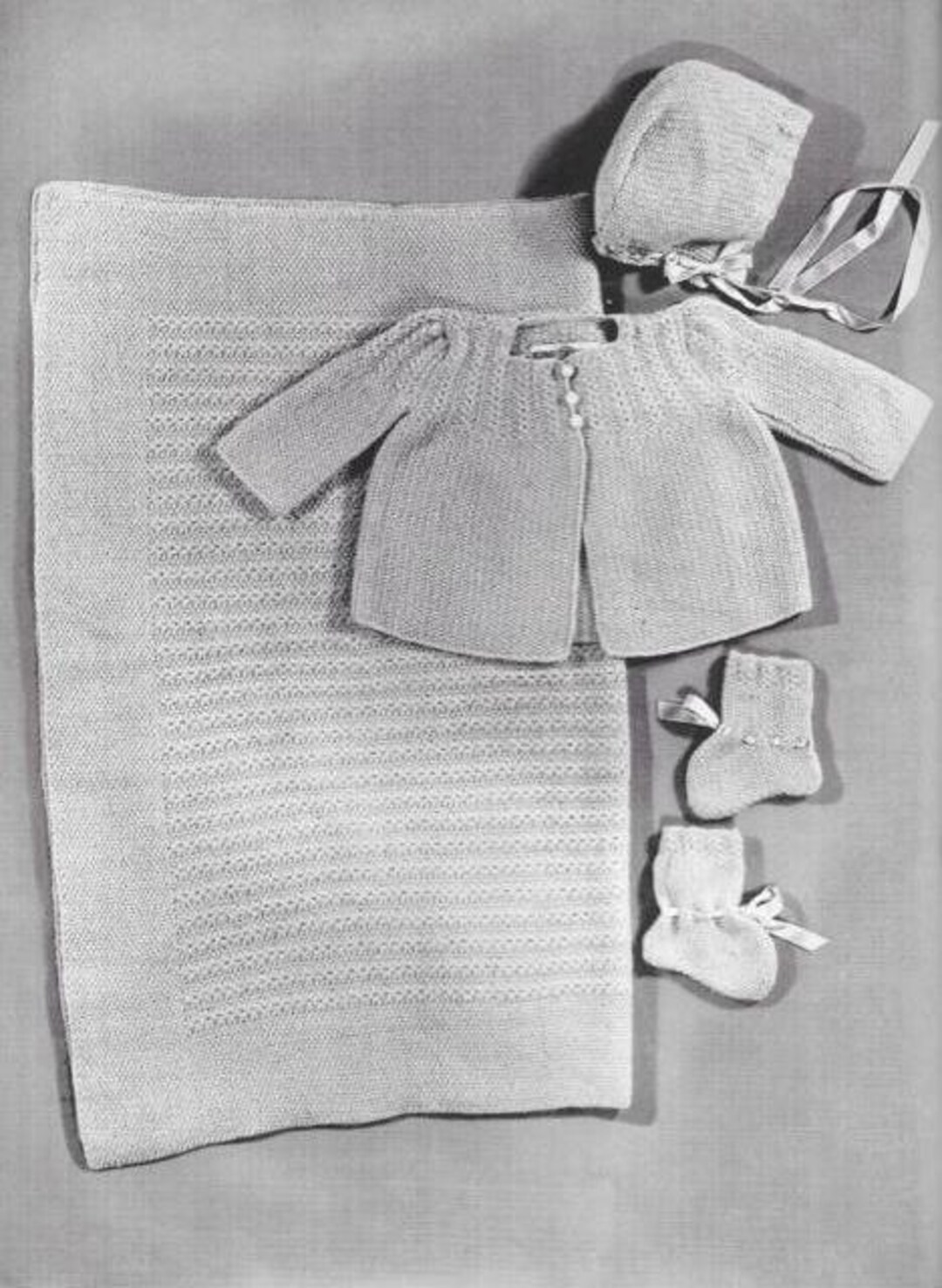 KNITTING PATTERN Vintage Cardigan, Bonnet, Booties, and Carriage Cover ...