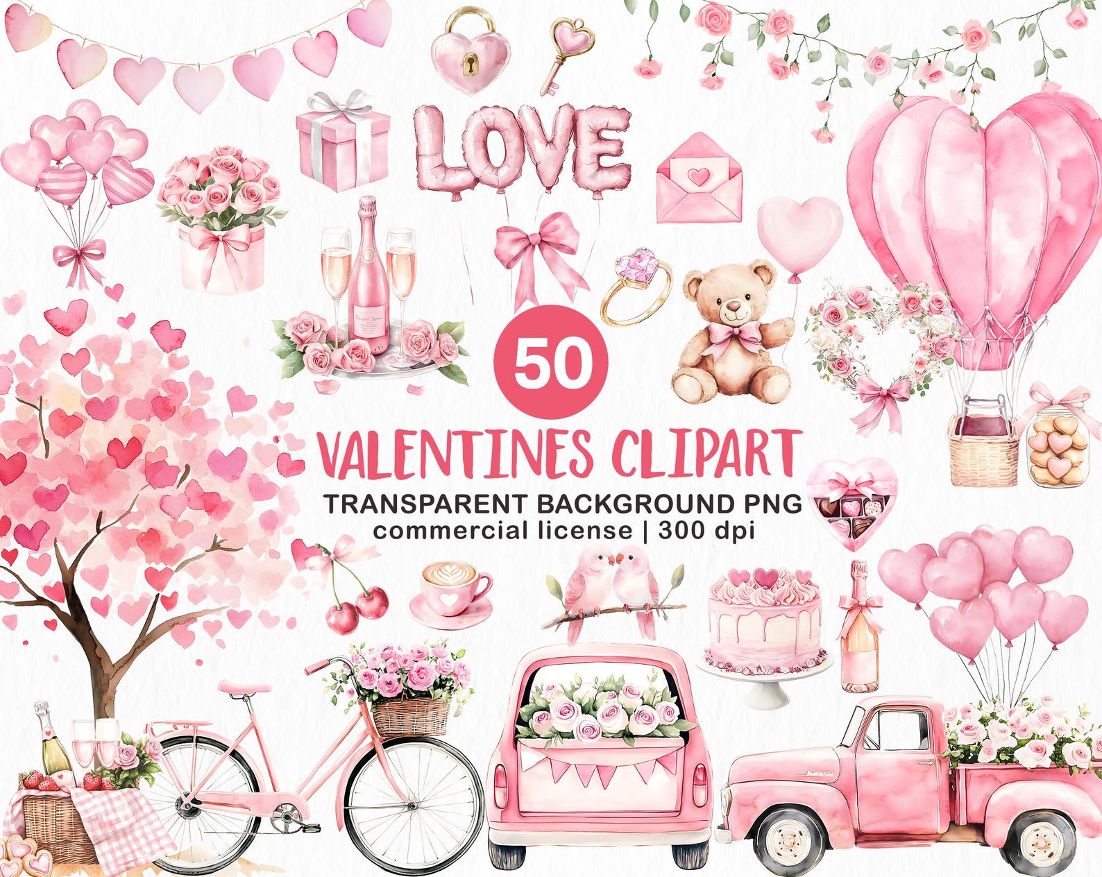 Watercolor Valentines Clipart, Cute Valentines Clipart Bundle, Pink ...
