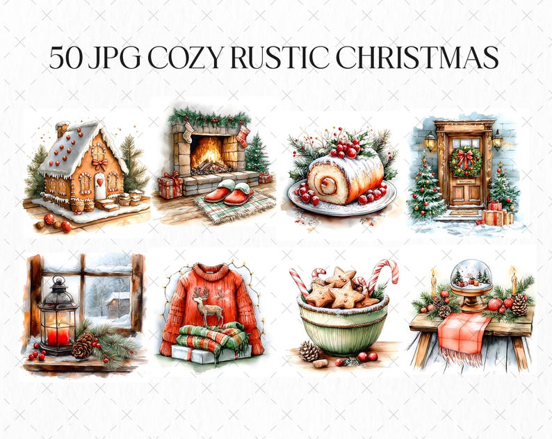 Watercolor Cozy Rustic Christmas Clipart, Cozy Christmas Clipart ...