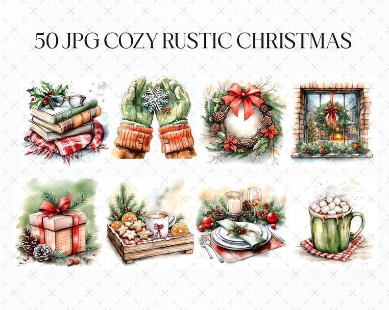 Watercolor Cozy Rustic Christmas Clipart, Cozy Christmas Clipart ...