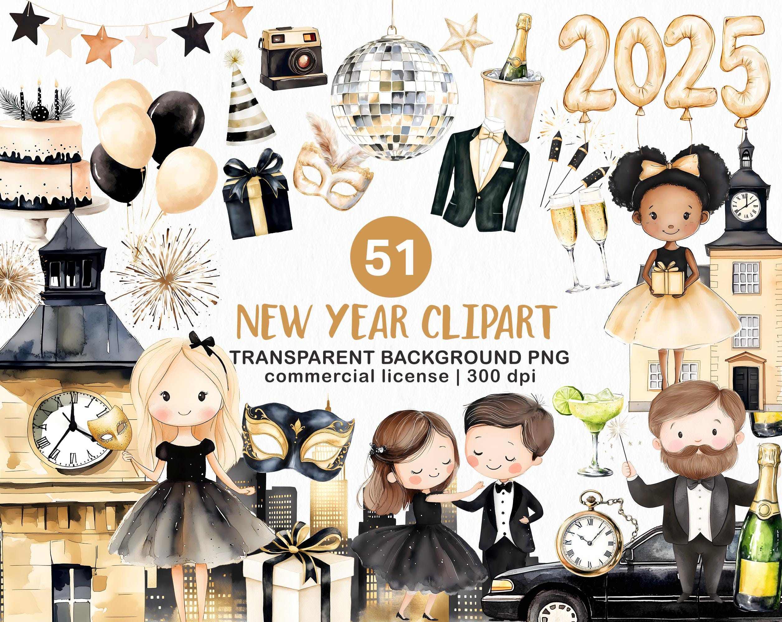 Watercolor New Year Clipart, Cute New Years Eve Clipart, New Year ...