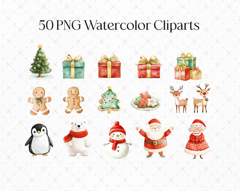 Watercolor Christmas Clipart, Cute Christmas Clipart Bundle, Cute Santa ...