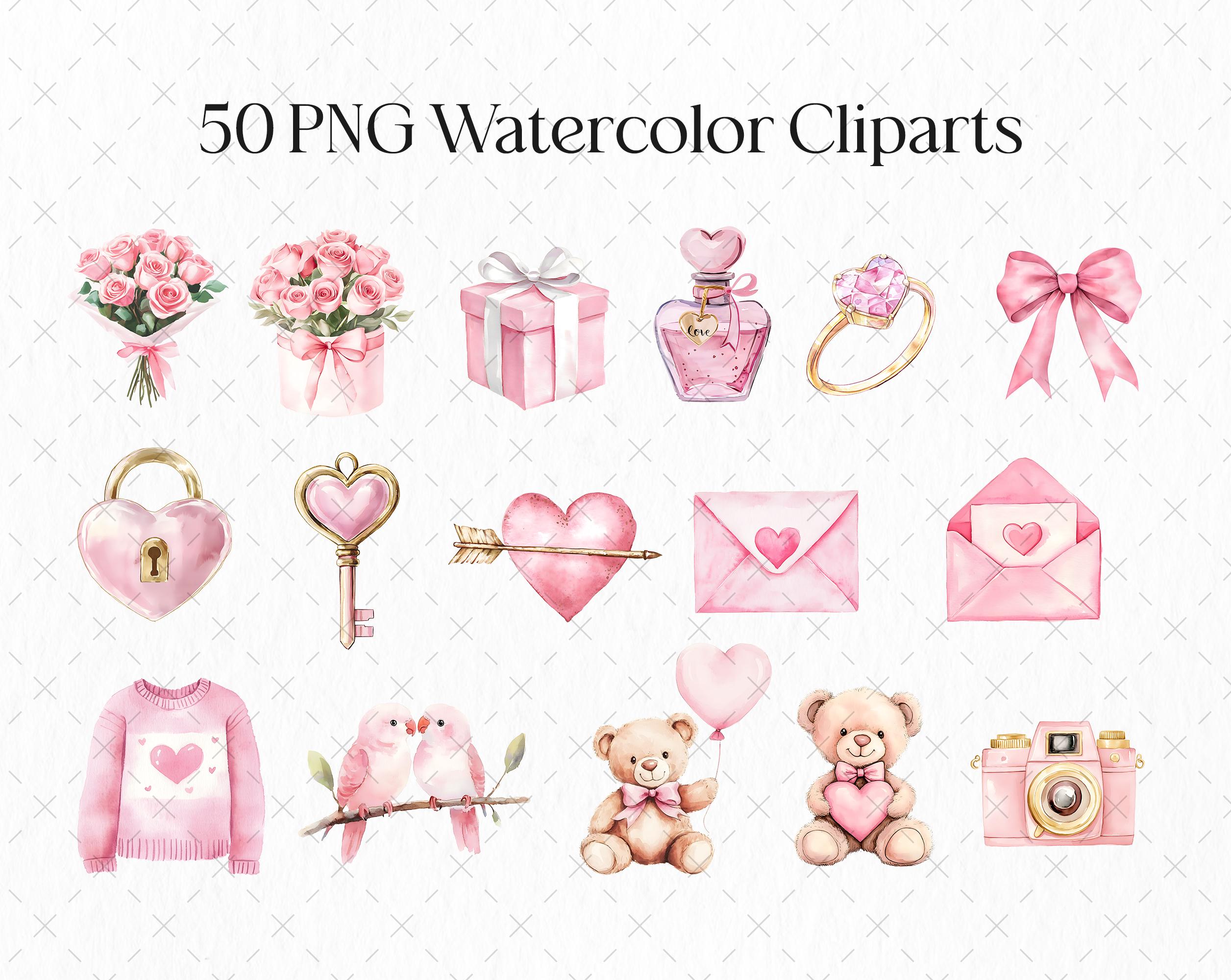 Watercolor Valentines Clipart, Cute Valentines Clipart Bundle, Pink ...