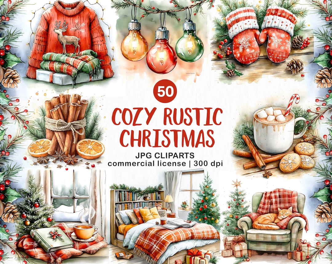 Watercolor Cozy Rustic Christmas Clipart, Cozy Christmas Clipart ...