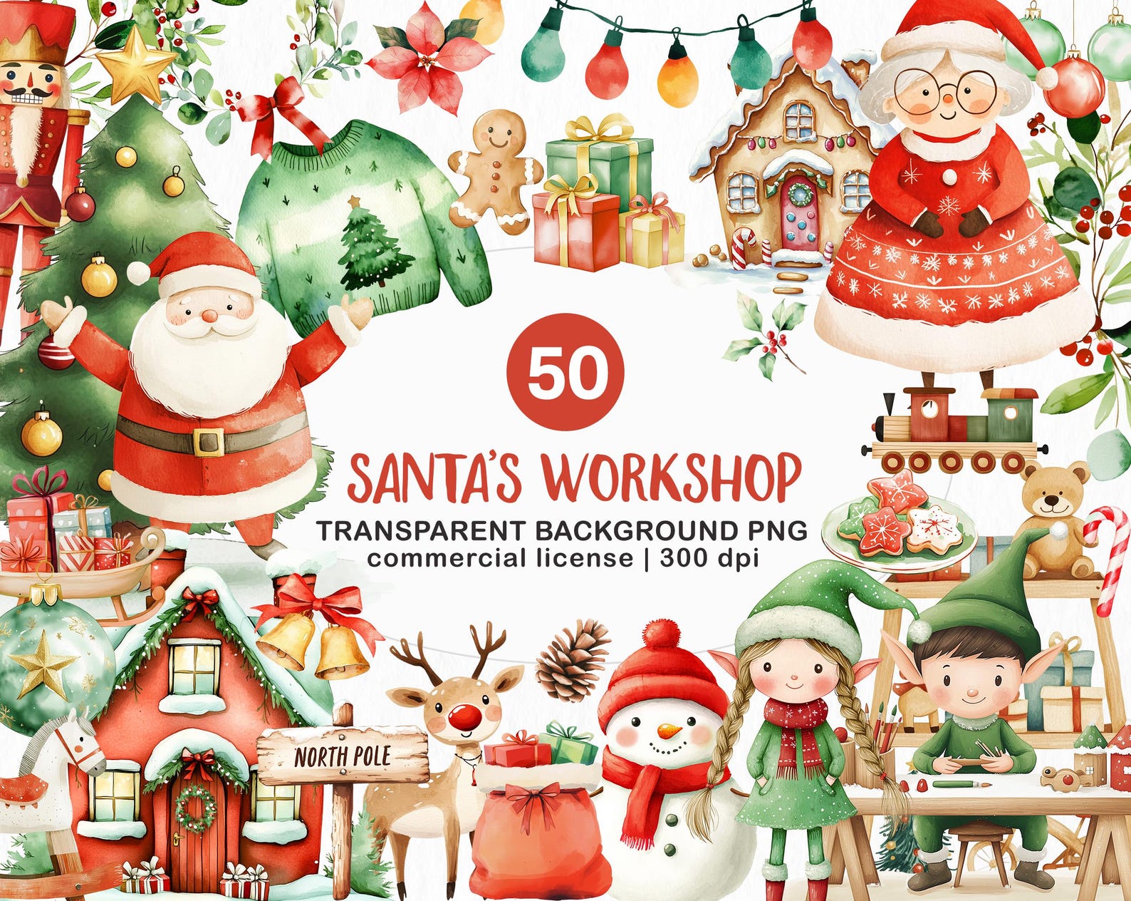 Watercolor Christmas Clipart, Cute Christmas Clipart Bundle, Cute Santa ...