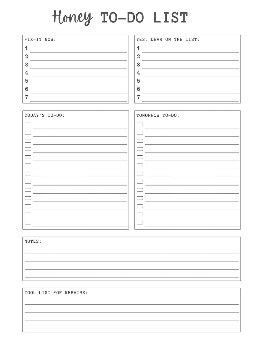 Simple Honey To-do List / Couples Task Checklist / Husband, Partner ...