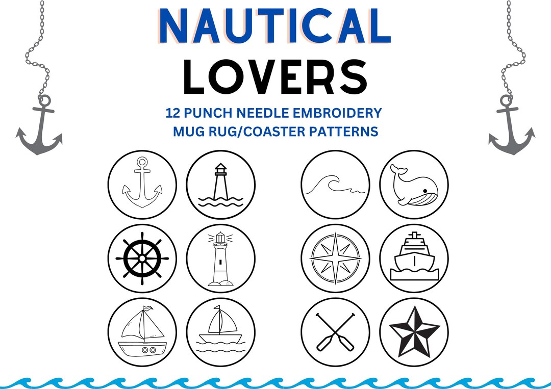 12 Nautical Lovers Punch Needle Patterns/templates for Embroidery Mug ...