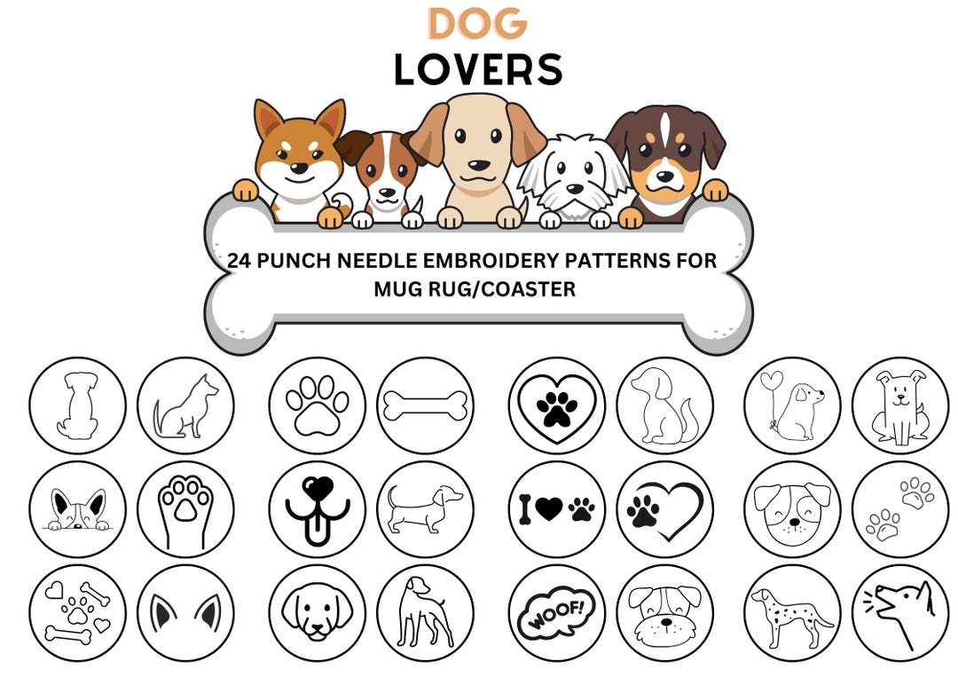 24 Dog Lovers Punch Needle Embroidery Patterns/templates for Mug Rug ...