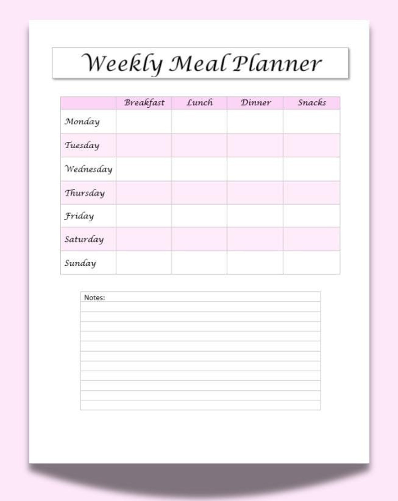 Weekly Meal Plan Chart | Printable Meal Planner for Easy Meal Prep - Etsy