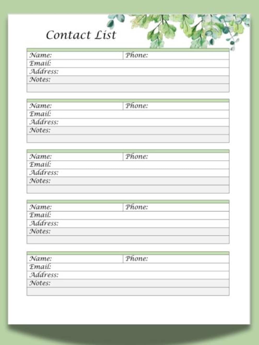 Contact List Printable | Green Floral | Editable Address & Phone Number ...