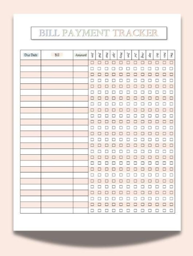 Bill Payment Tracker | Year at a Glance | Annual Bill Tracker ...