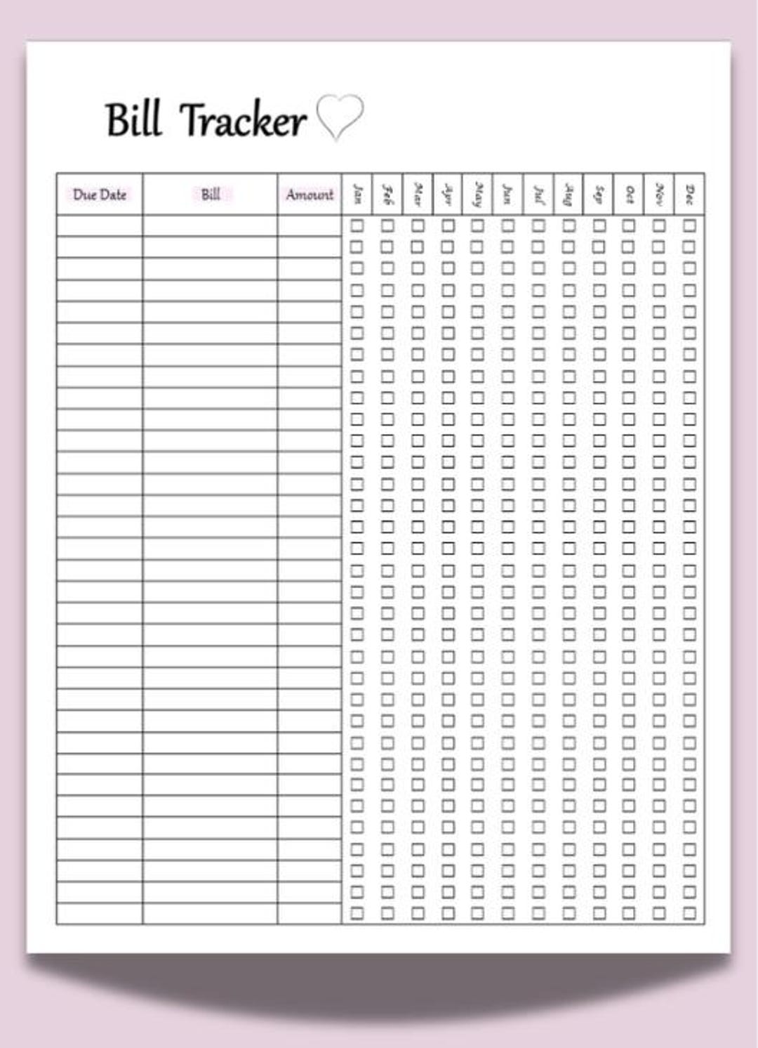Bill Payment Tracker | Year at a Glance | Annual Bill Tracker ...