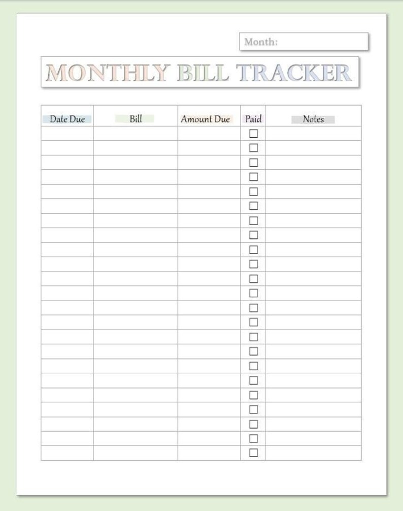 Monthly Bill Tracker | Printable Bill Payment Tracker | Monthly Bill ...