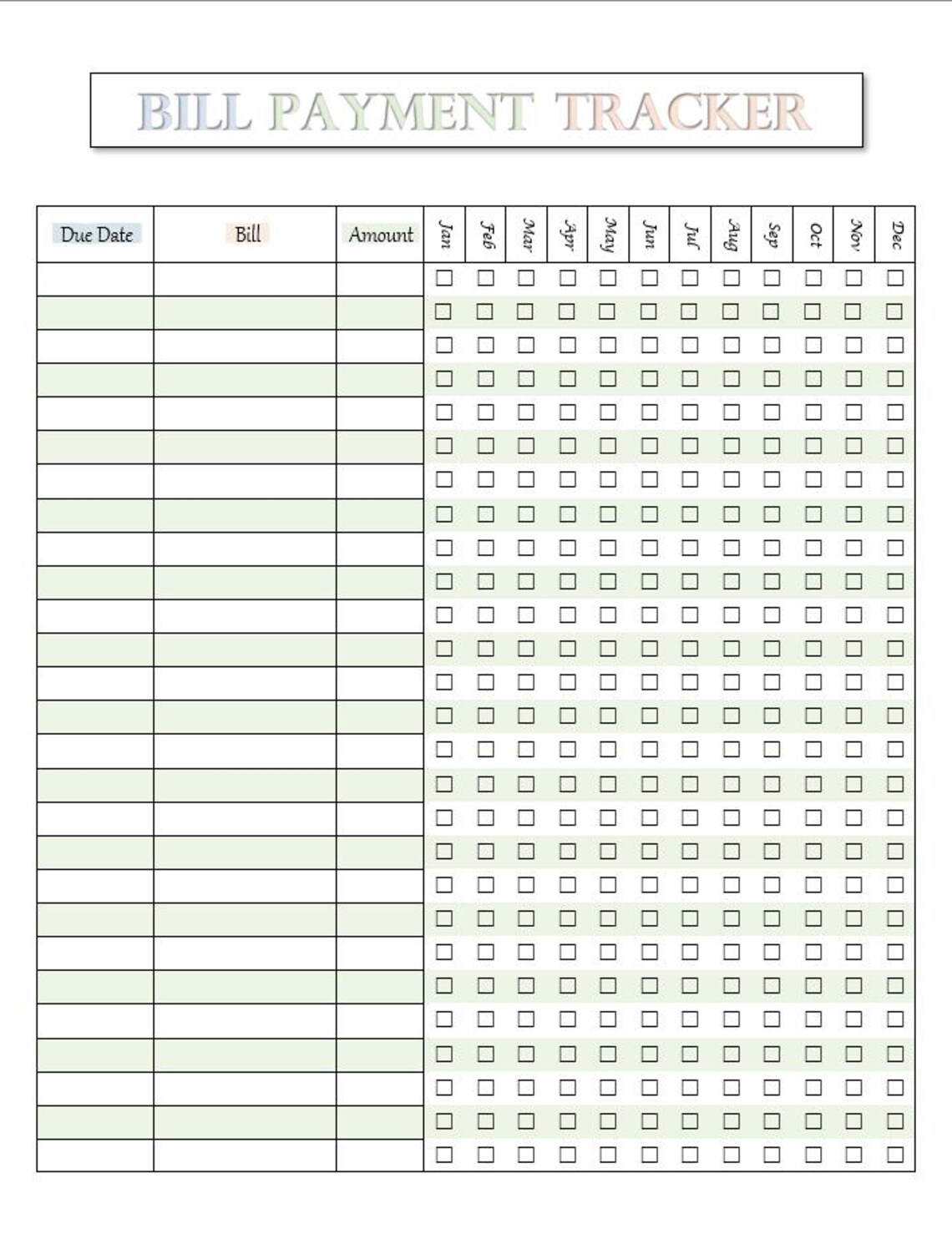 Bill Payment Tracker | Year at a Glance | Annual Bill Tracker ...