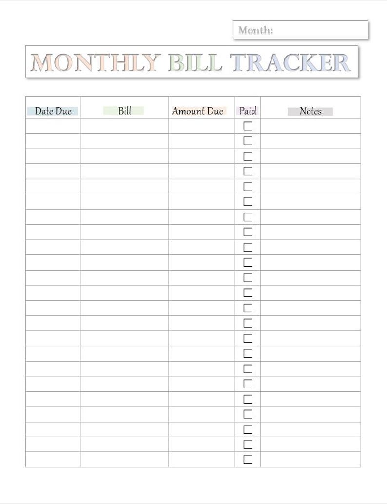 Monthly Bill Tracker - Etsy