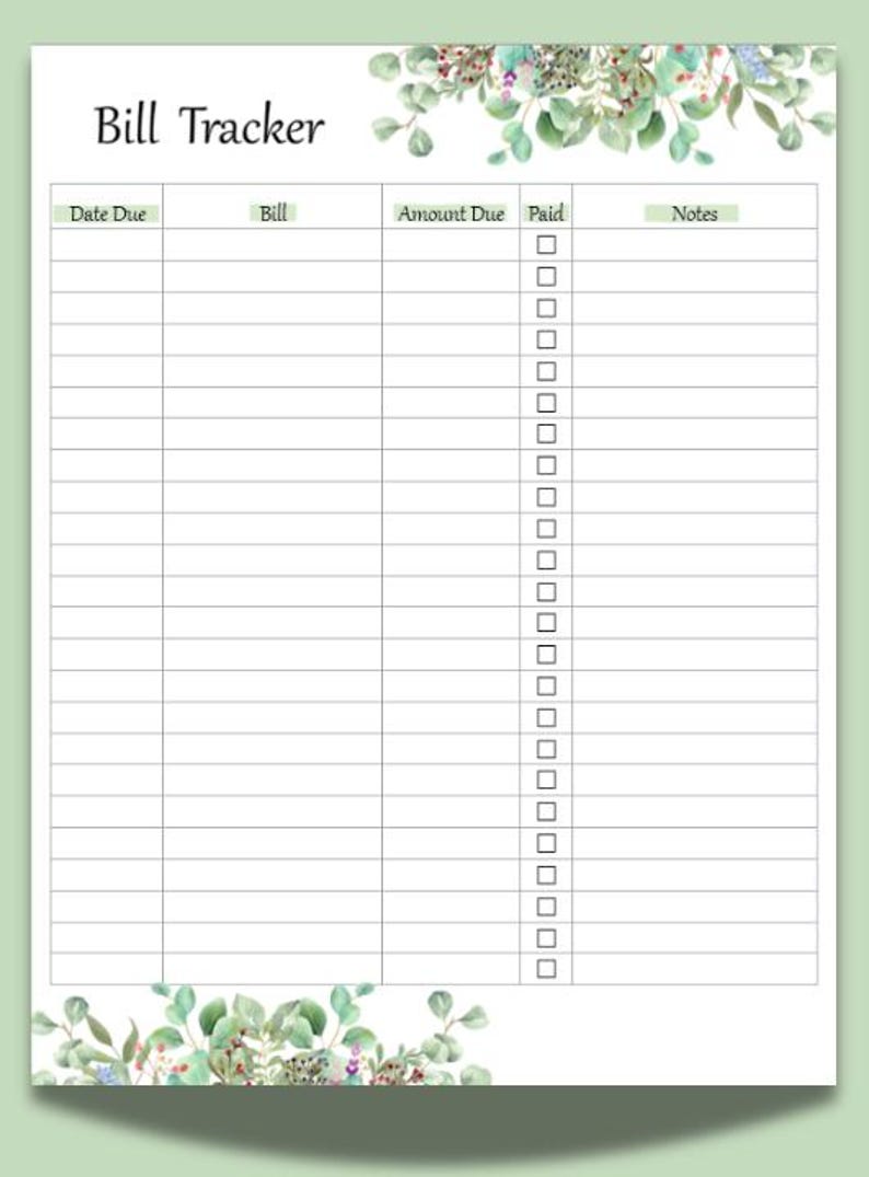Floral Bill Tracker Printable | Monthly Budget Organizer (digital ...