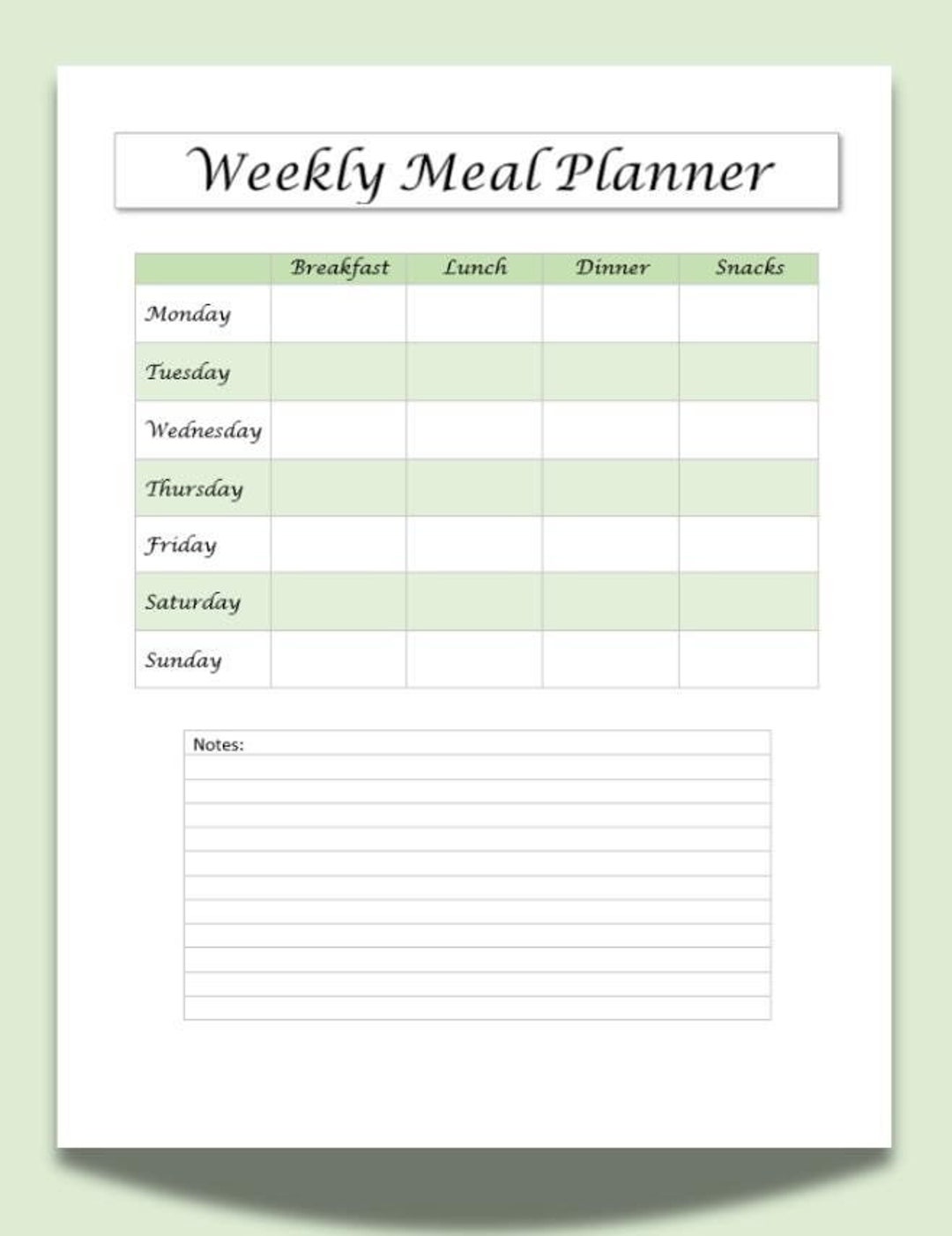Weekly Meal Plan Chart | Printable Meal Planner for Easy Meal Prep - Etsy