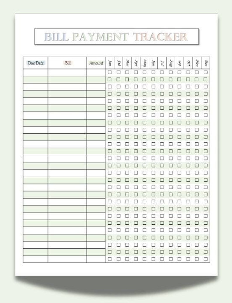 Bill Payment Tracker | Year at a Glance | Annual Bill Tracker ...