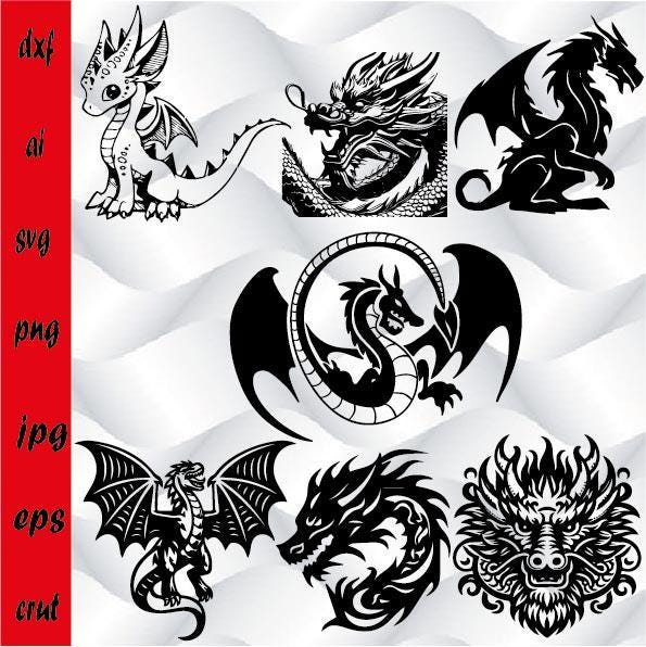 Dragon SVG Bundle, PNG, Dragon Head Clipart, Hand Drawn Dragons Vector ...