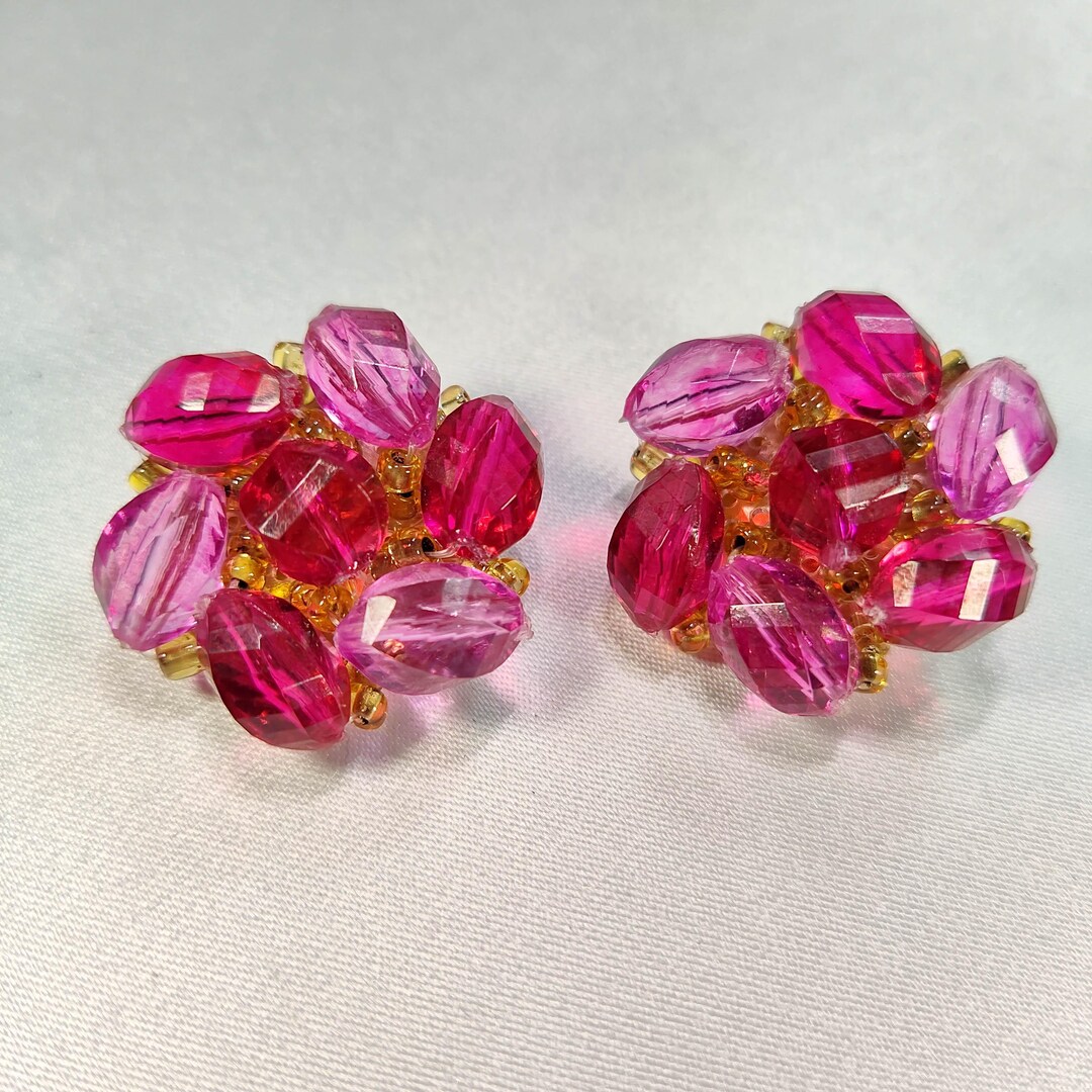1950's Plumb and Purple Glass Bead Wired Cluster Clip Earrings From ...