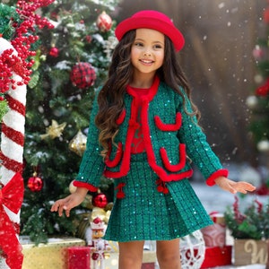 Girls Plaid Tweed Blazer and Skirt Set, Dressy Dress for Girls, Red Bow ...