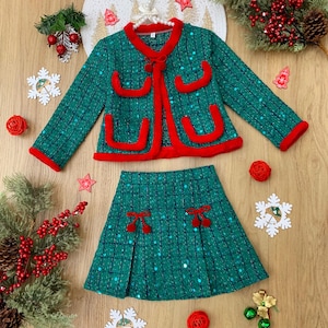Girls Plaid Tweed Blazer and Skirt Set, Dressy Dress for Girls, Red Bow ...