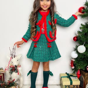 Girls Plaid Tweed Blazer and Skirt Set, Dressy Dress for Girls, Red Bow ...