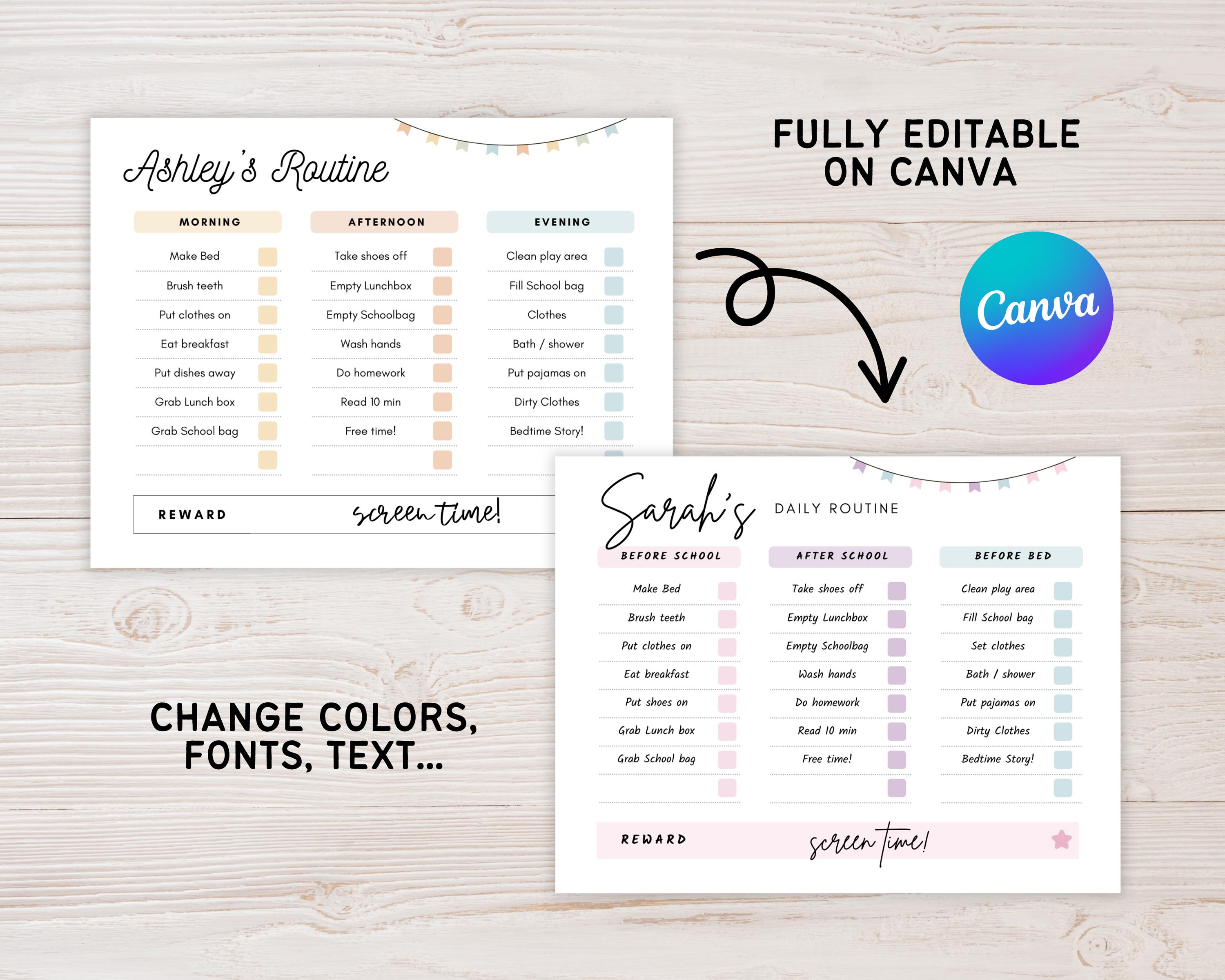 Editable Kids Daily School Checklist Printable Schoolday Routine Canva ...