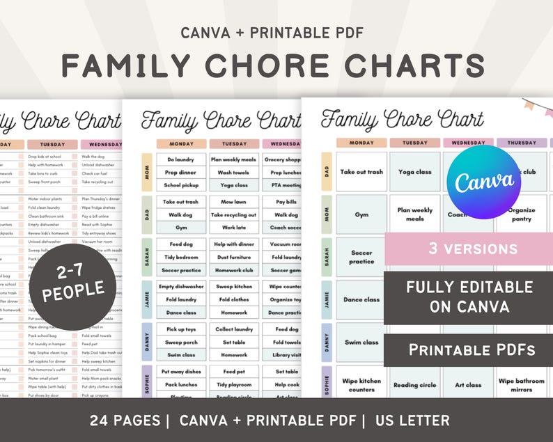 Editable Family Chore Chart Printable | Weekly Chore List & Cleaning ...