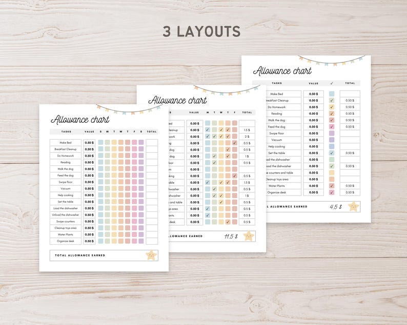 Kids Allowance Chart Printable – Fillable Chores and Money Tracker PDF ...