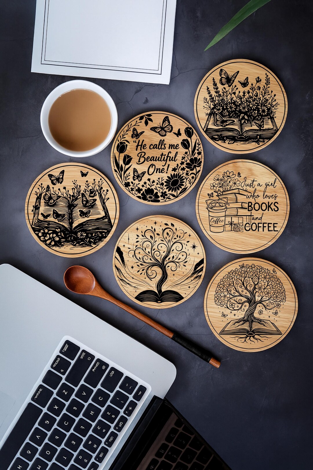 Engraved Wooden Book Coaster Set – Butterfly, Tree & Coffee Designs - Etsy